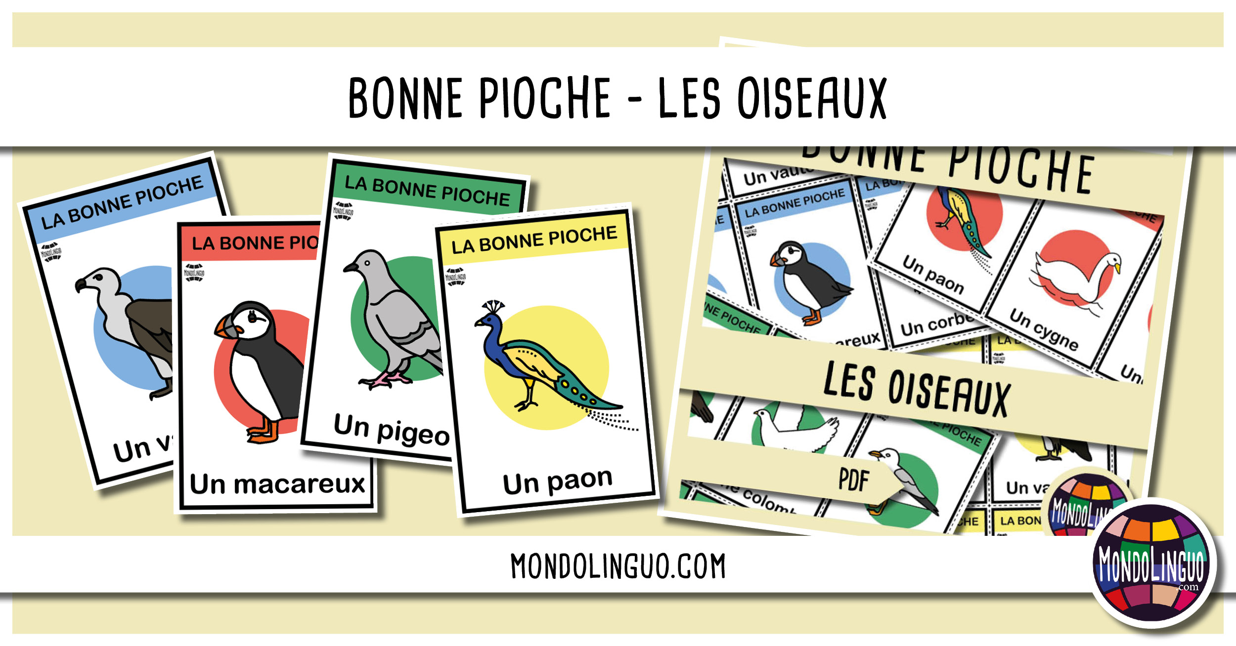 Jeu de cartes FLE : Bonne Pioche sur les oiseaux - Mondolinguo - Français