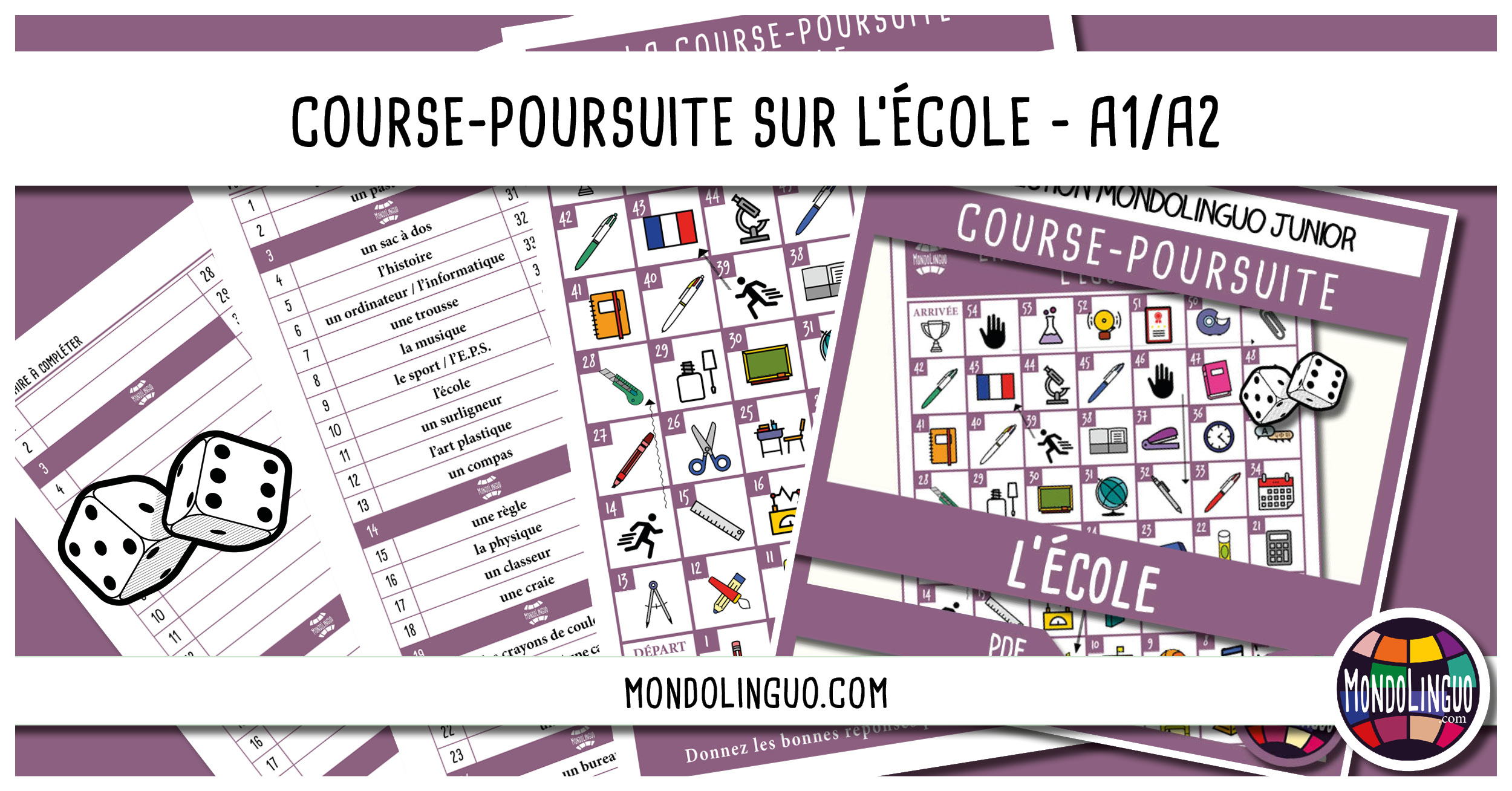 Jeu de plateau FLE : Course-Poursuite sur l'école - Mondolinguo - Français